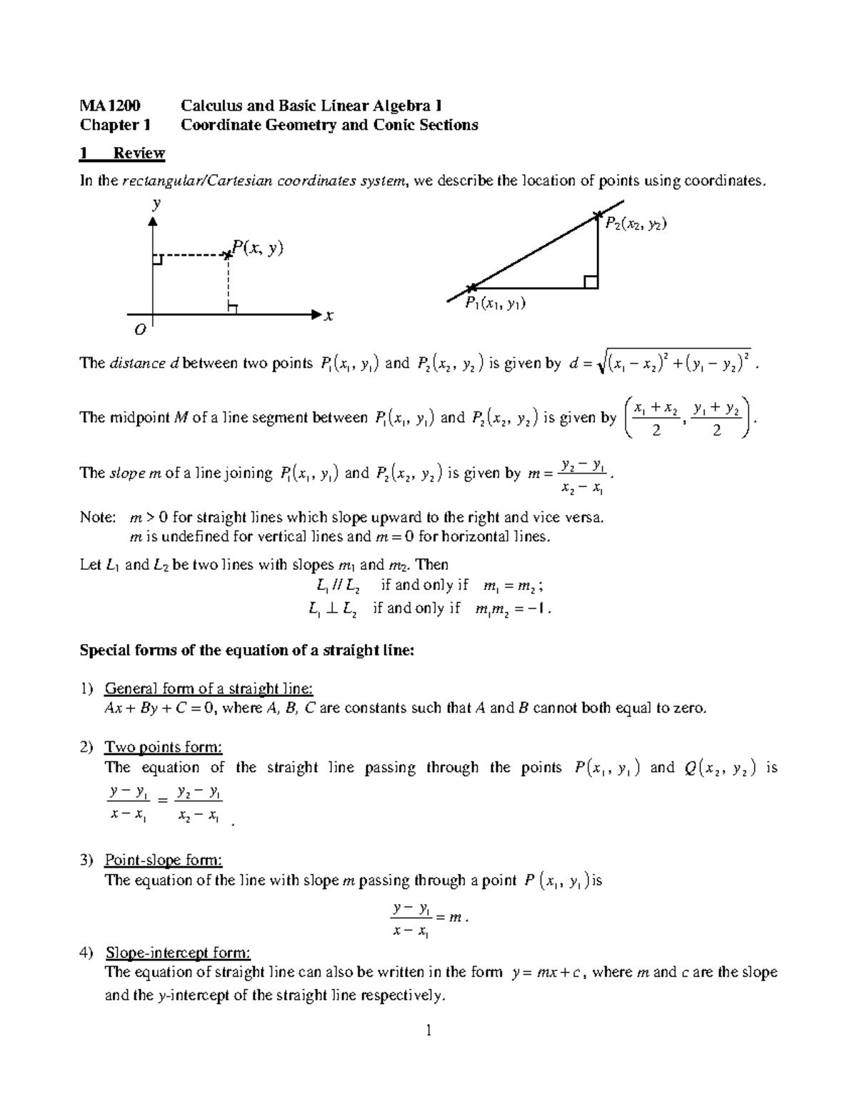 MA1200 Chapter 1 Coordinate Geometry (2)-1 - 1 MA1200 Calculus and Basic Linear Algebra I ...