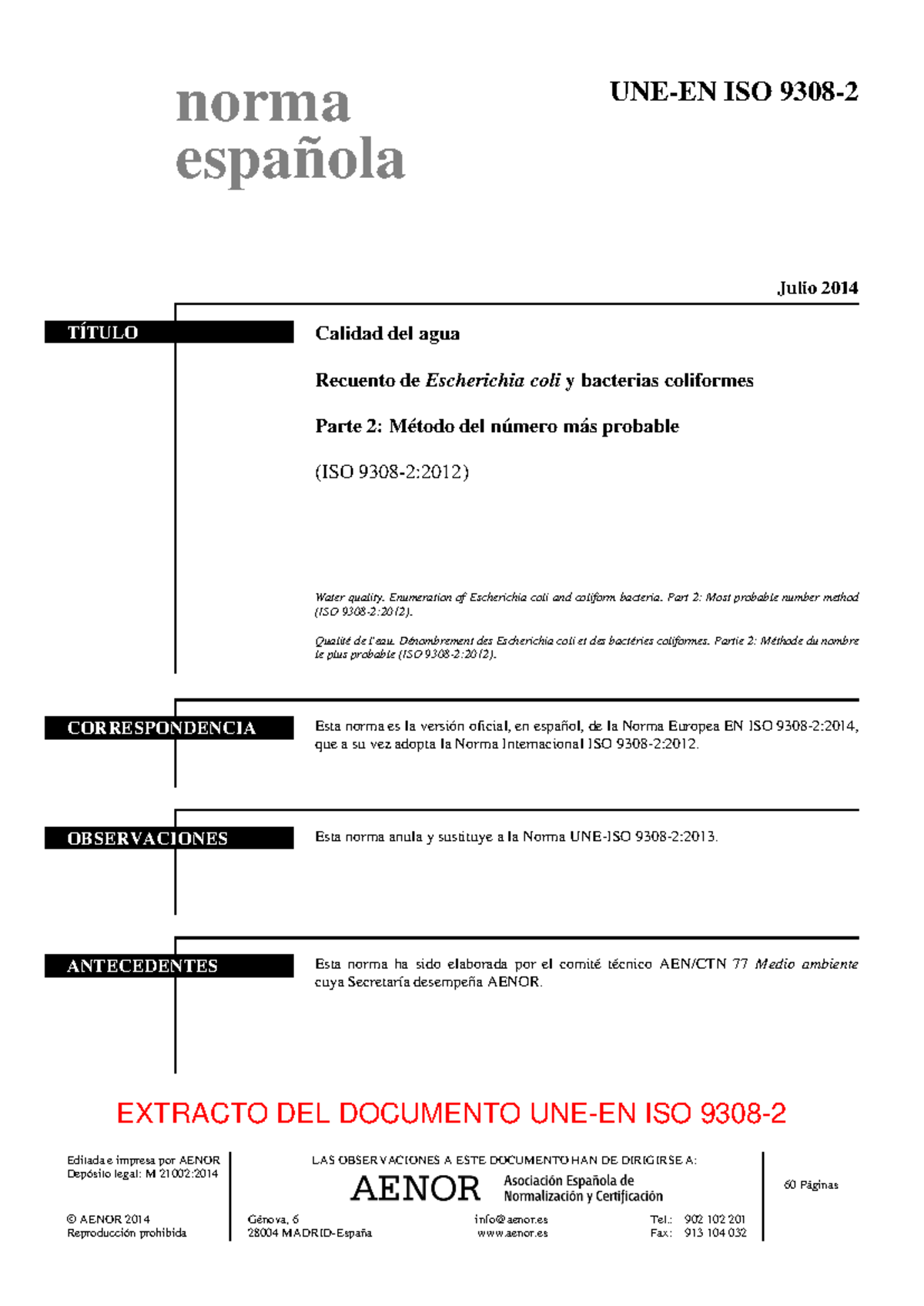 (EX)UNE-EN ISO 9308-2=2014 - norma española UNE-EN ISO 9308- 2 Julio ...