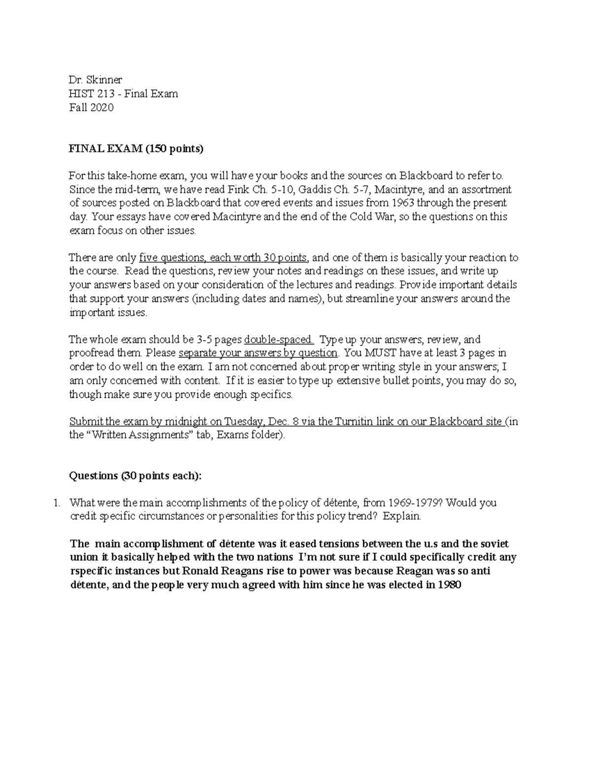 Final exam 2020 take home - Dr. Skinner HIST 213 - Final Exam Fall 2020 ...