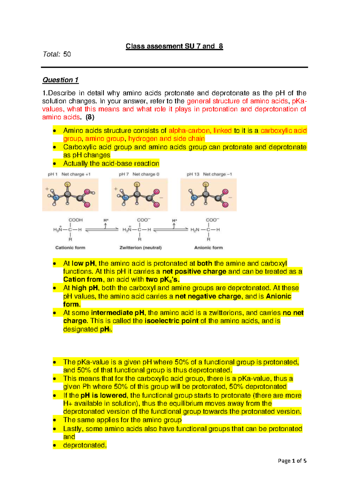 BCHN213 SU 7 and 8 memo - Memo - Class assesment SU 7 and 8 Total: 50 ...