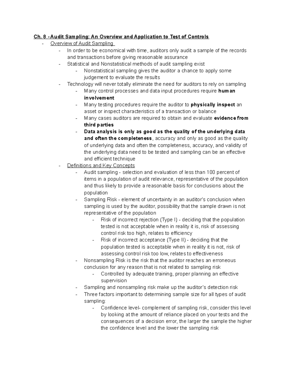 Final Study Guide - Ch. 8 - Audit Sampling: An Overview and Application ...