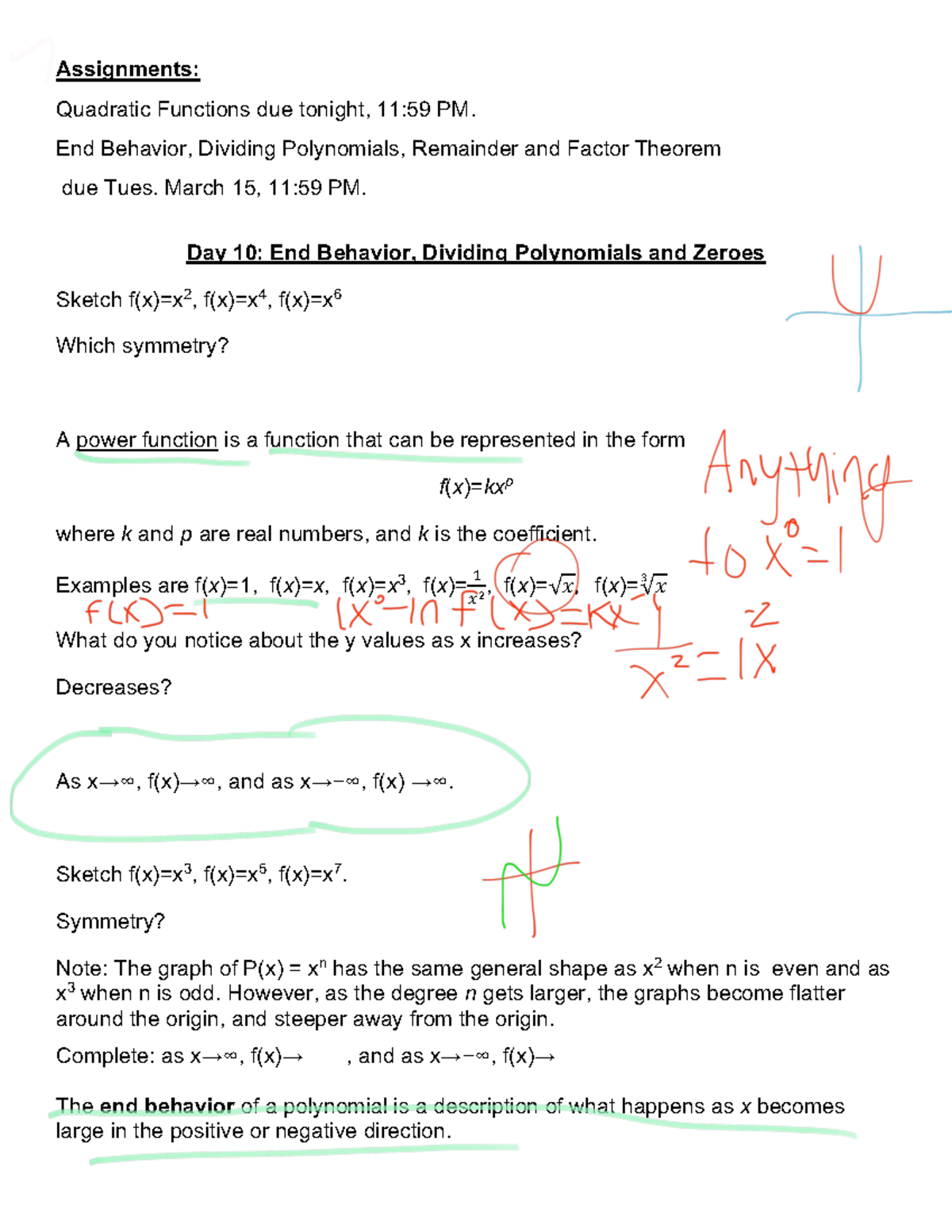 Day 10 Notes - Assignments: Quadratic Functions due tonight, 11:59 PM ...