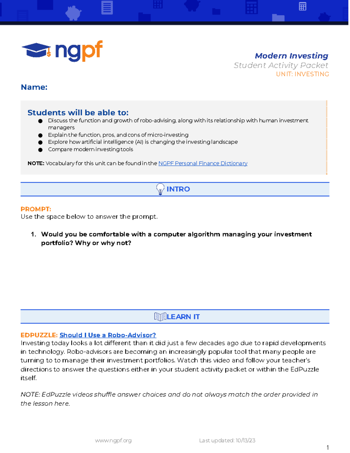 Modern Investing Student Activity Packet - Modern Investing Student ...