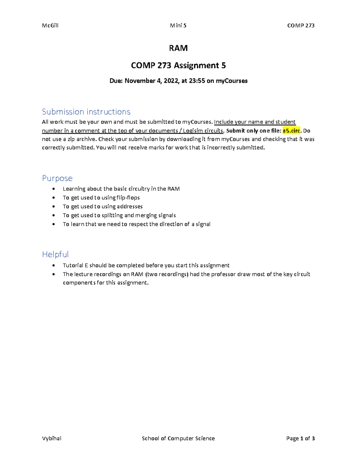 A5-fall2022 v2 - a5 assignment - McGill Mini 5 COMP 273 Vybihal School of Computer Science Page ...