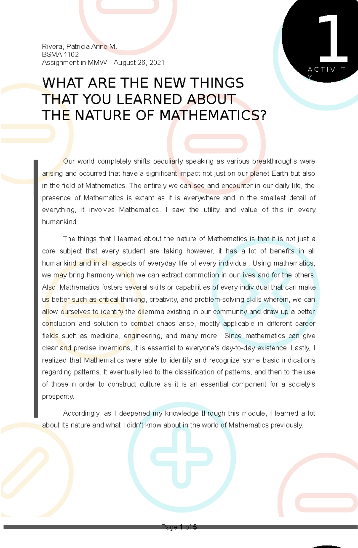 Assignment #1 Patterns and Nature of Mathematics - Rivera, Patricia ...