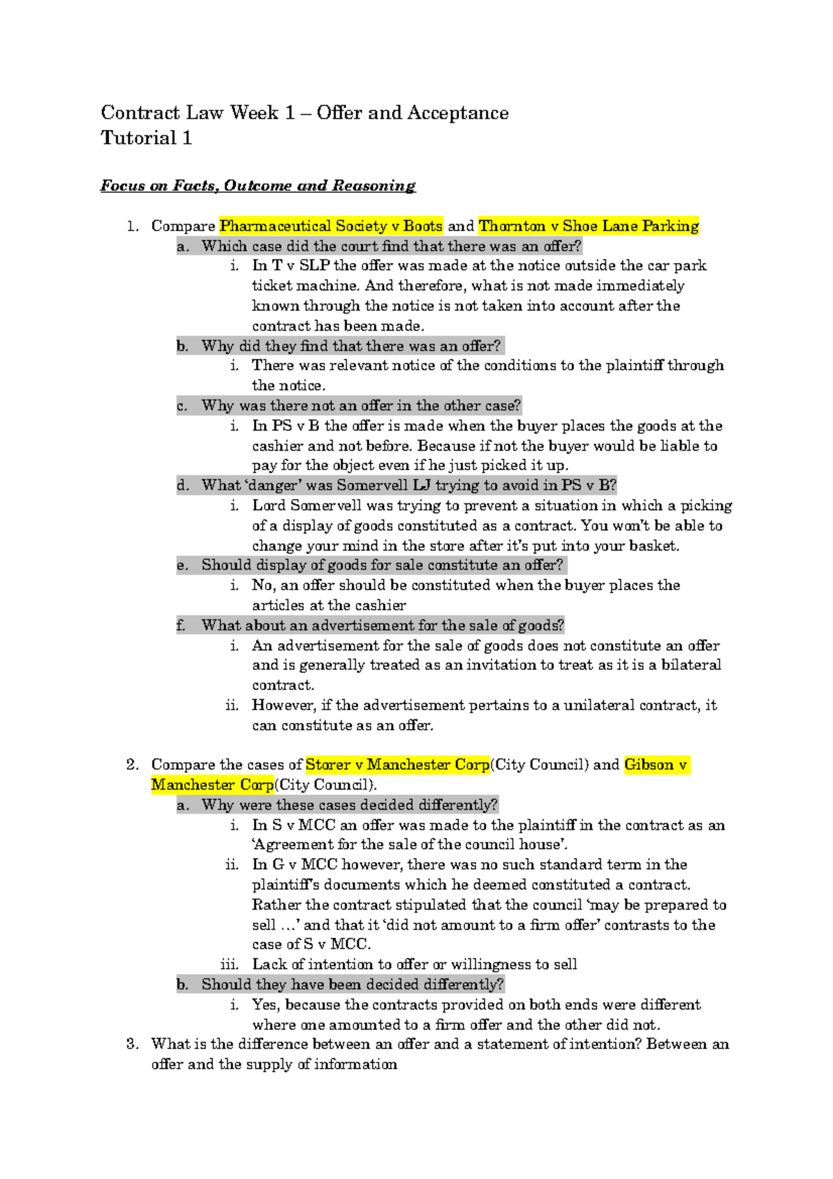 Contract Law Tutorial Questions - LAW4104 - QMUL - Studocu