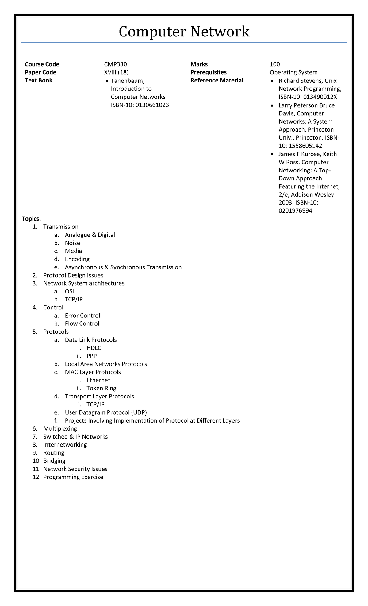 Computer Network - Computer Network Course Code CMP330 Marks 100 Paper Code XVIII (18 ...