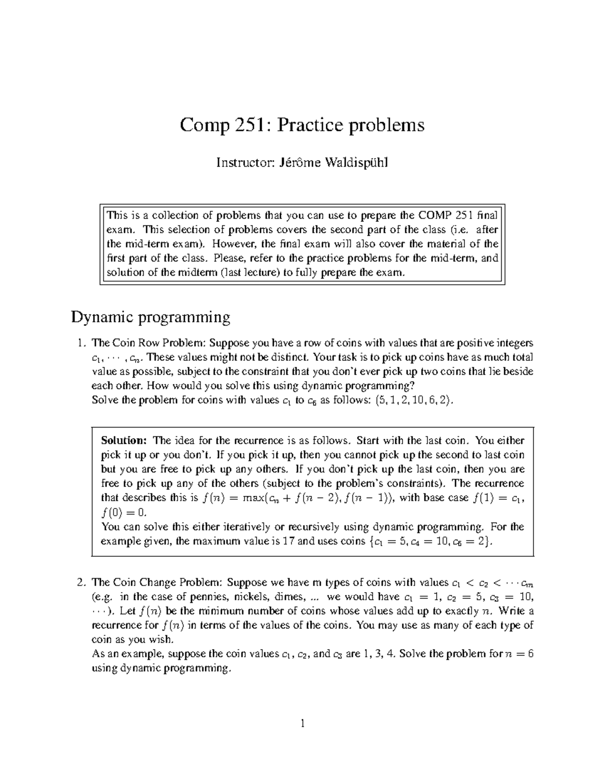 Practice final COMP251 with answers W2017 - Comp 251: Practice problems Instructor: Jérôme - Studocu