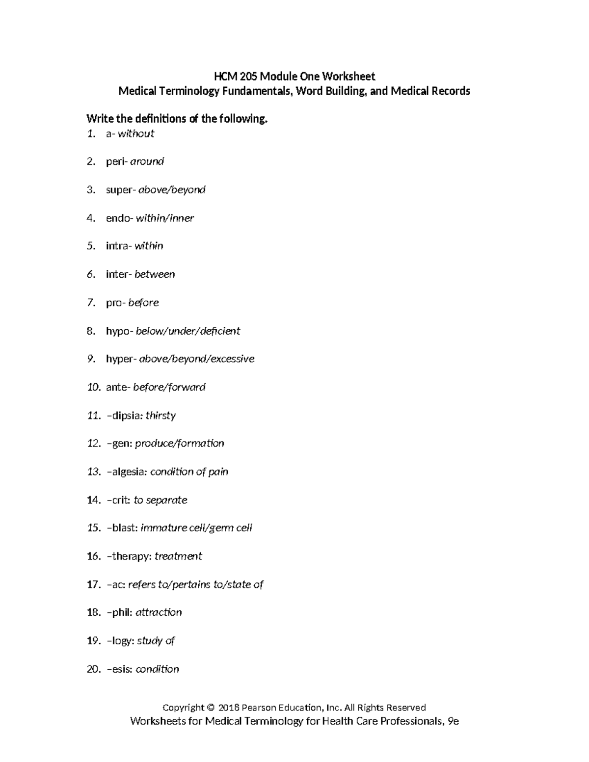 Medical terminology worksheet 1 - HCM 205 Module One Worksheet Medical ...