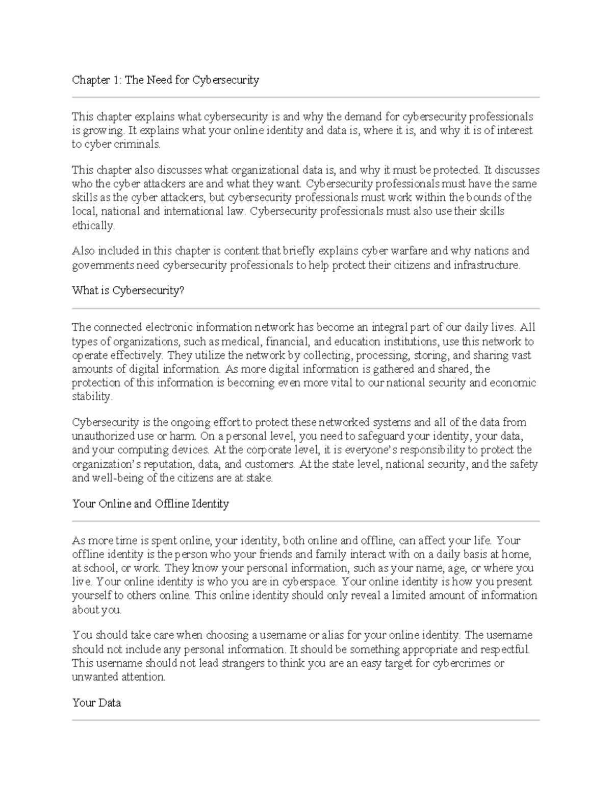 Cyber Security Introduction Chapter 1 The Need For Cybersecurity This Chapter Explains What
