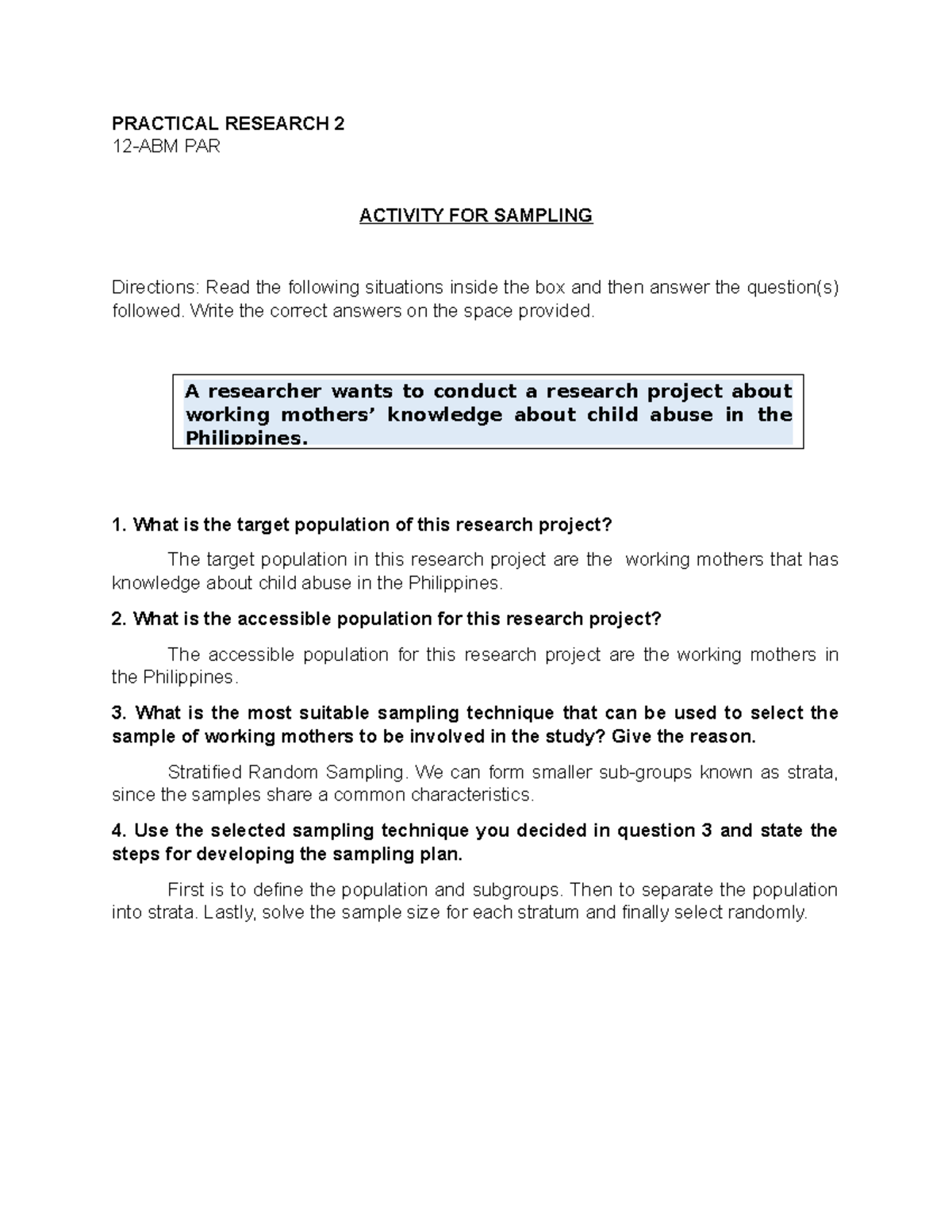 PR2 Activity FOR Module 10 - PRACTICAL RESEARCH 2 12-ABM PAR ACTIVITY ...