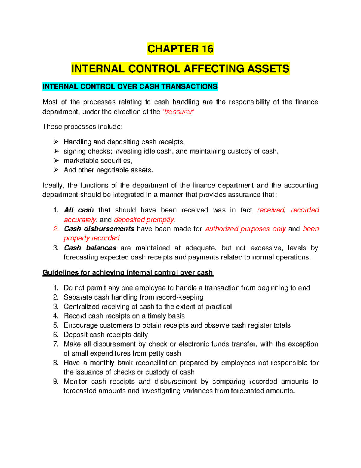 Internal Control Affecting Assets - CHAPTER 16 INTERNAL CONTROL AFFECTING ASSETS INTERNAL ...