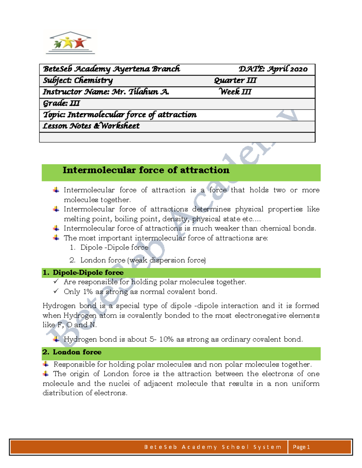 Chemical bonding lecture notes and some questions - Intermolecular ...