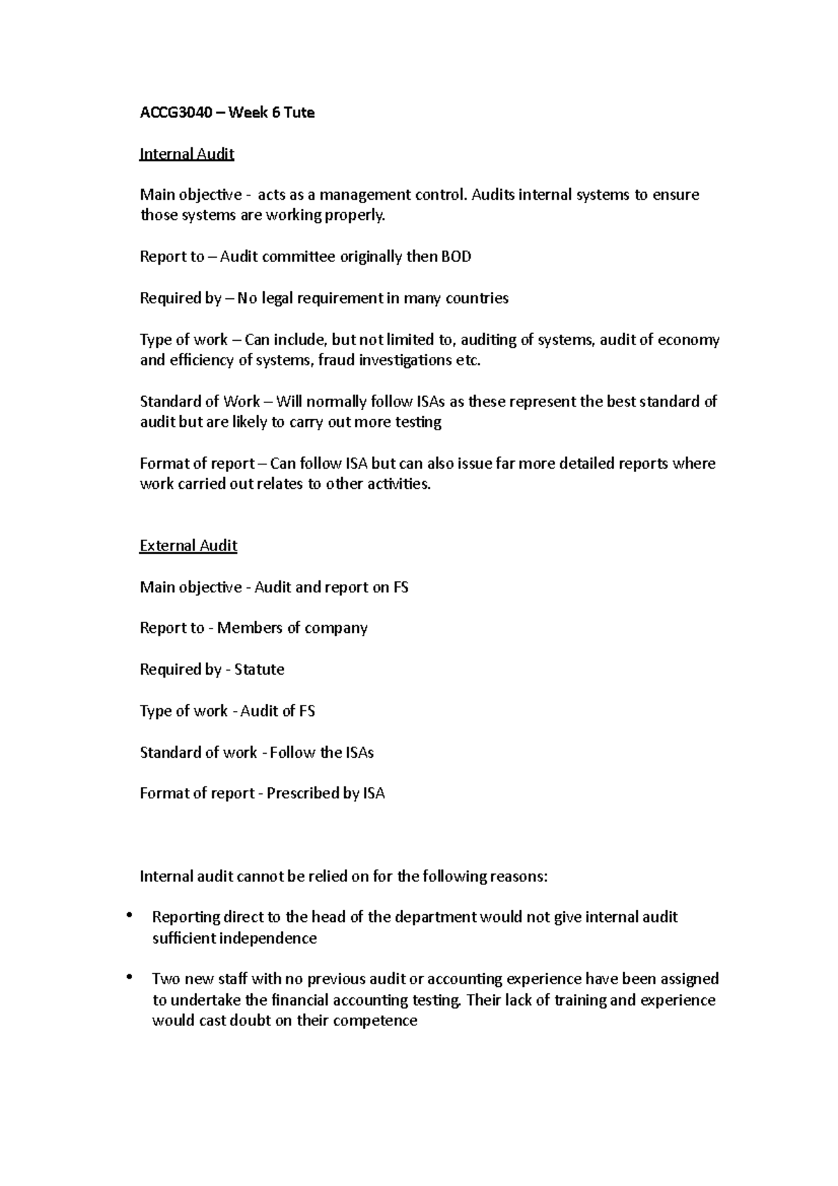 Accg3040 week 6 - ACCG3040 – Week 6 Tute Internal Audit Main objective ...