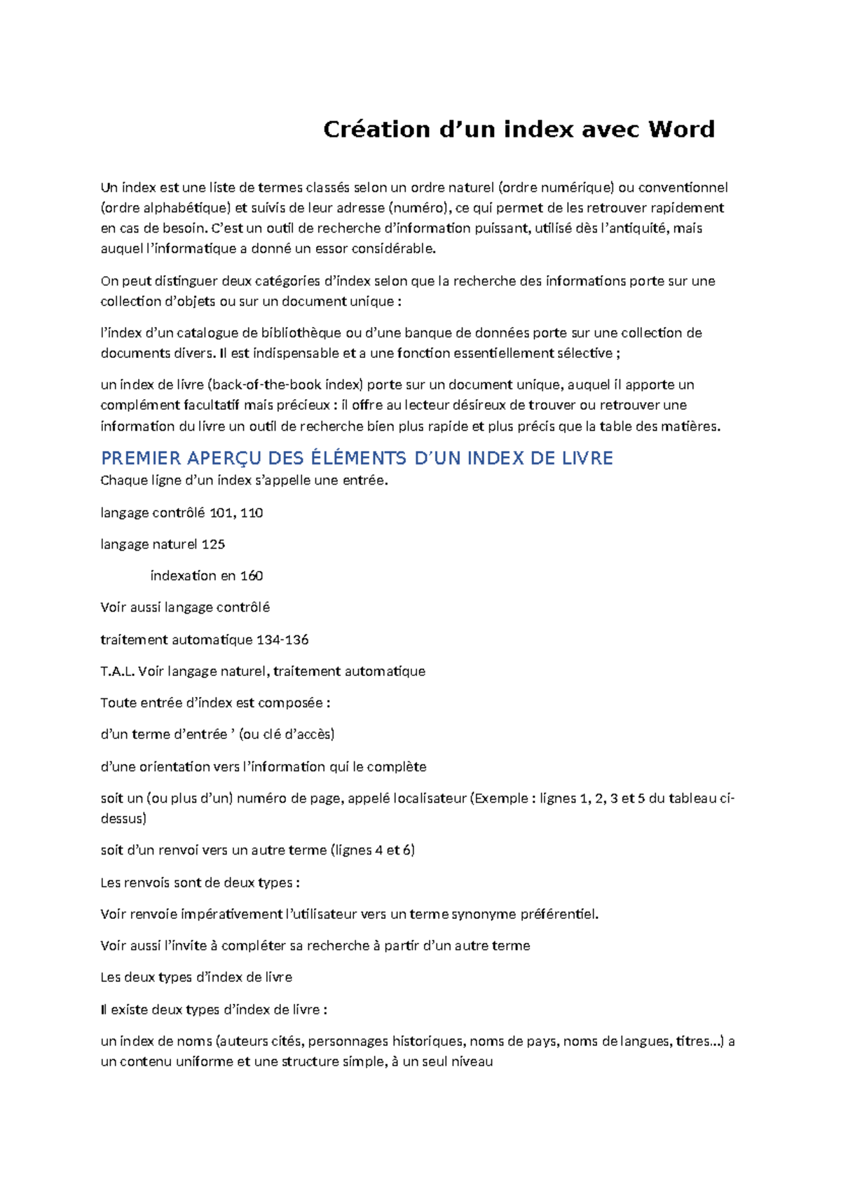 Création index TIC - Création d’un index avec Word Un index est une ...