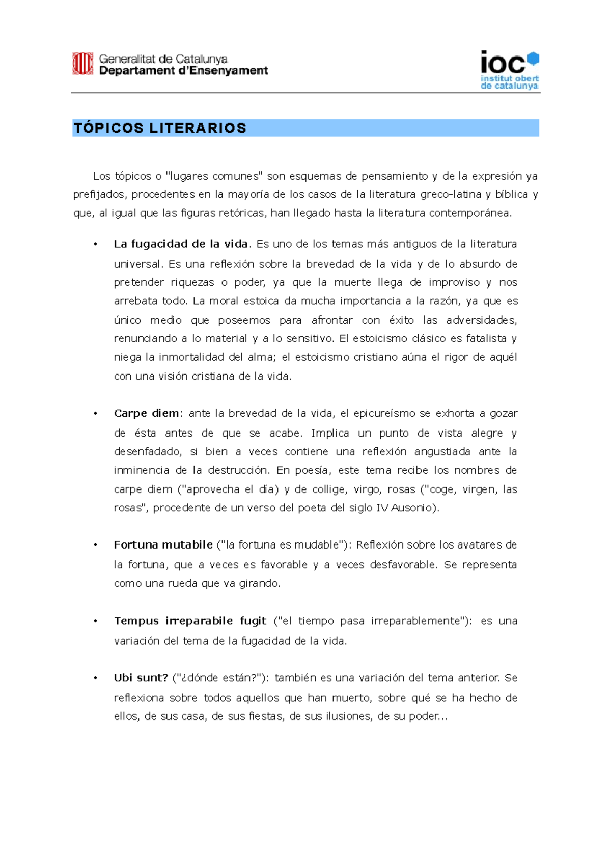 Topicos literarios - TÓPICOS LITERARIOS Los tópicos o "lugares comunes ...