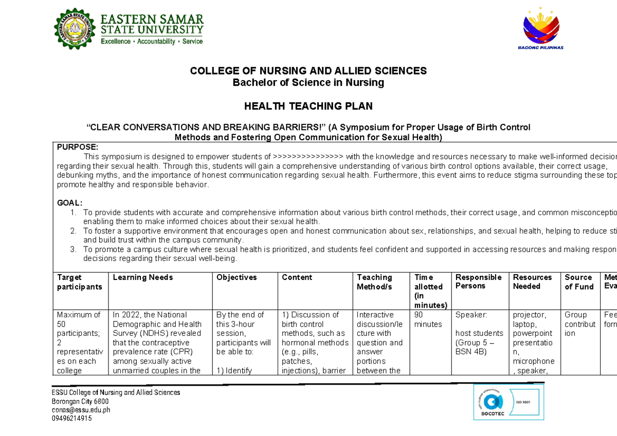 Health educ plan group 5 - ESSU College of Nursing and Allied Sciences ...