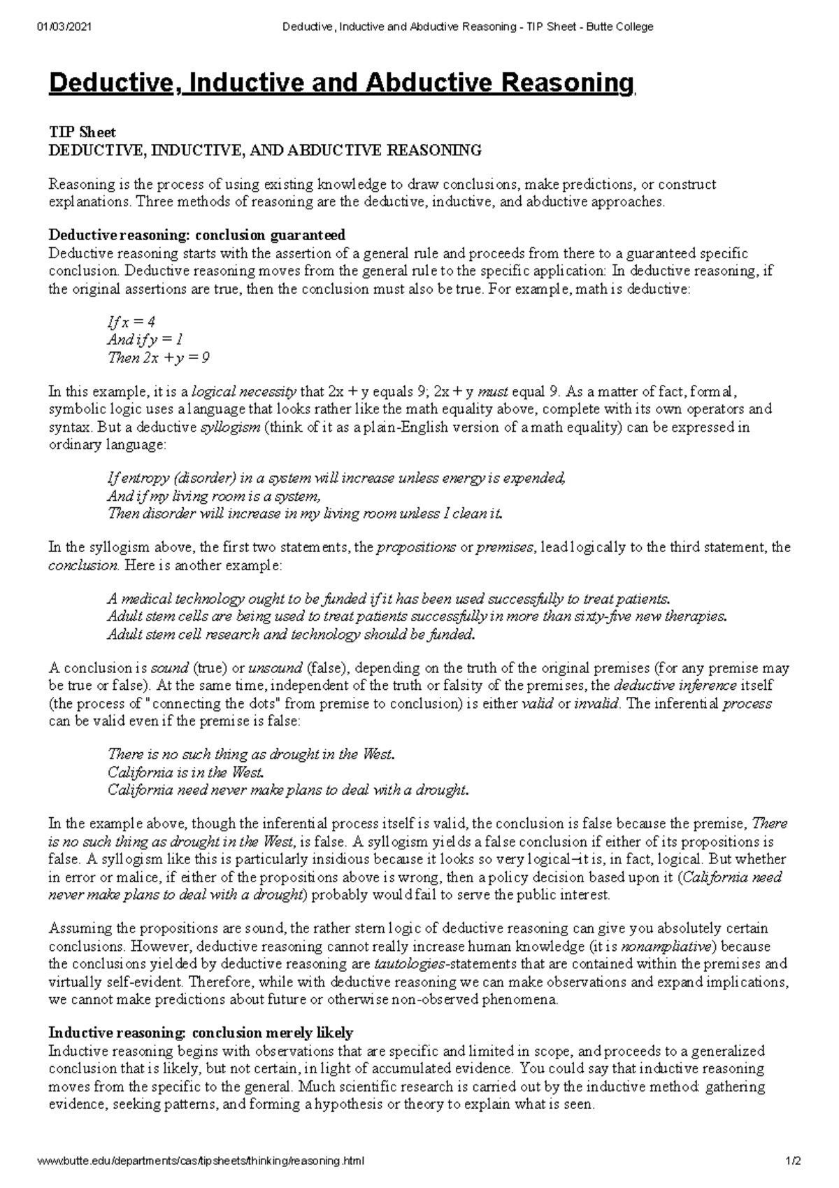 5 Deductive, Inductive and Abductive Reasoning - TIP Sheet - Butte ...
