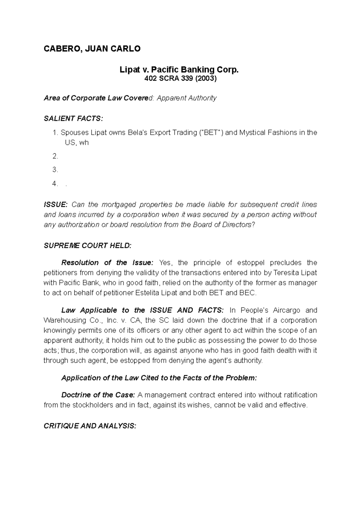 Ricafort v. Moya - Digest for a case Corporation Law. Facts, Issue ...