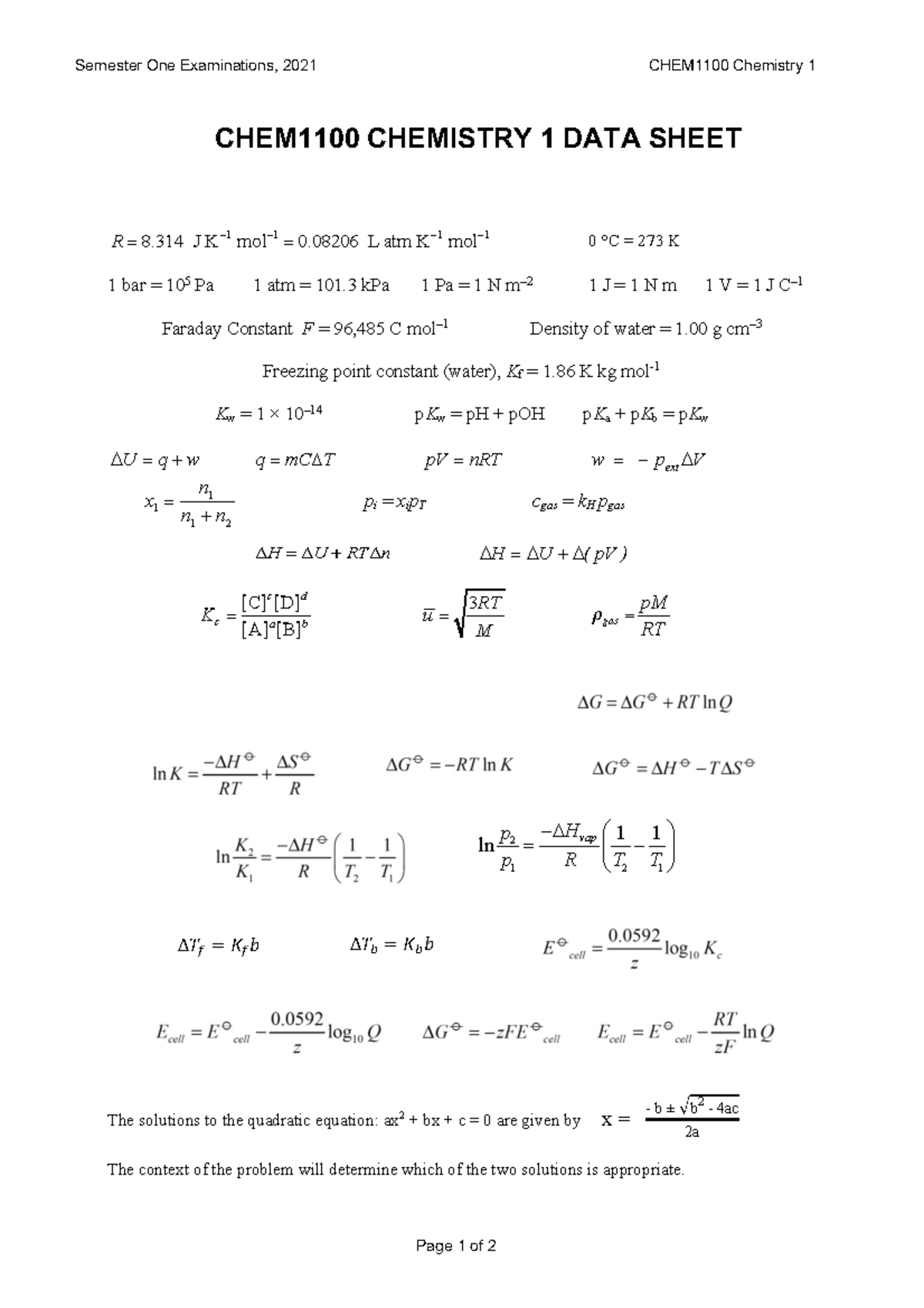 Data sheet - TO help - Semester One Examinations, 2021 CHEM1100 ...