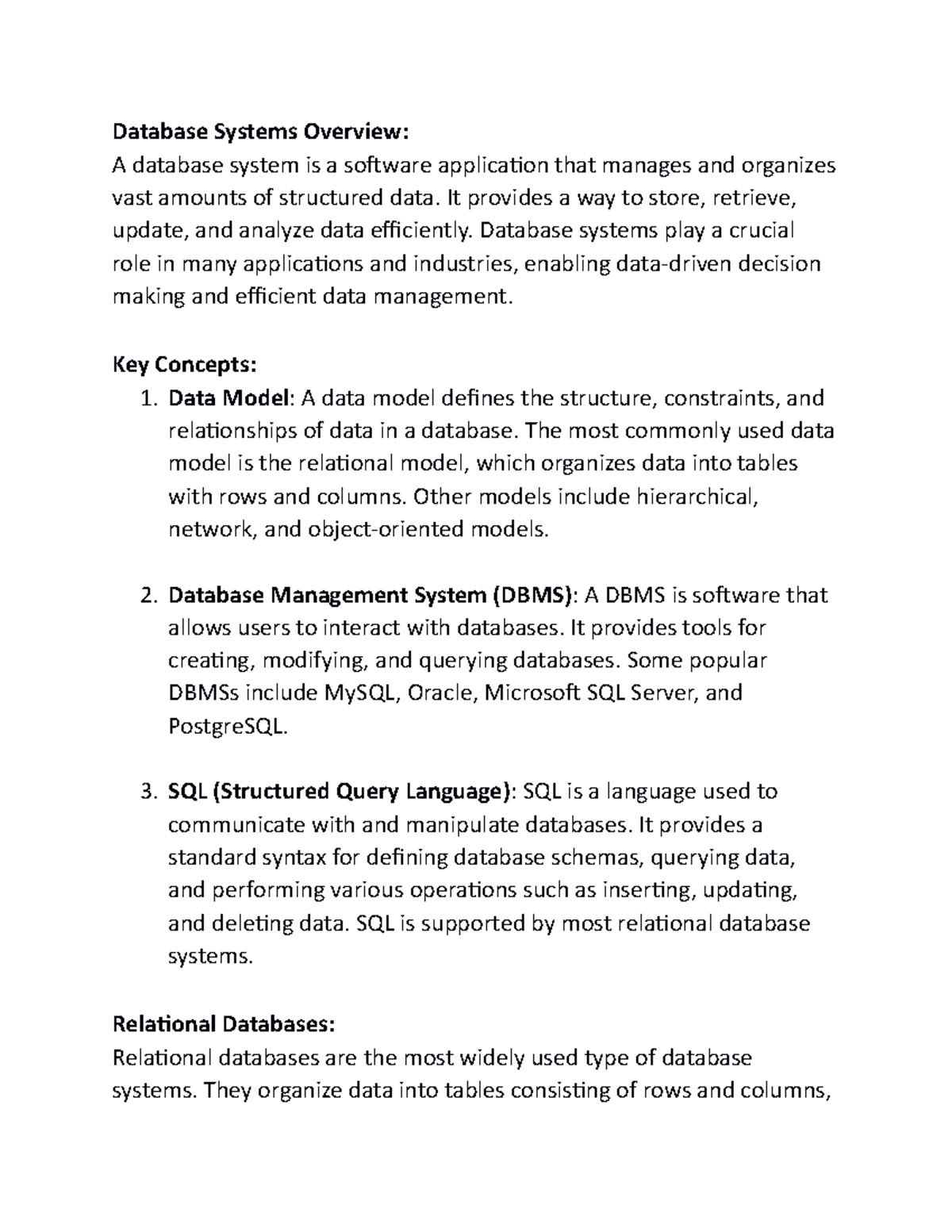 Database Systems Overview - It provides a way to store, retrieve, update, and analyze data - Studocu