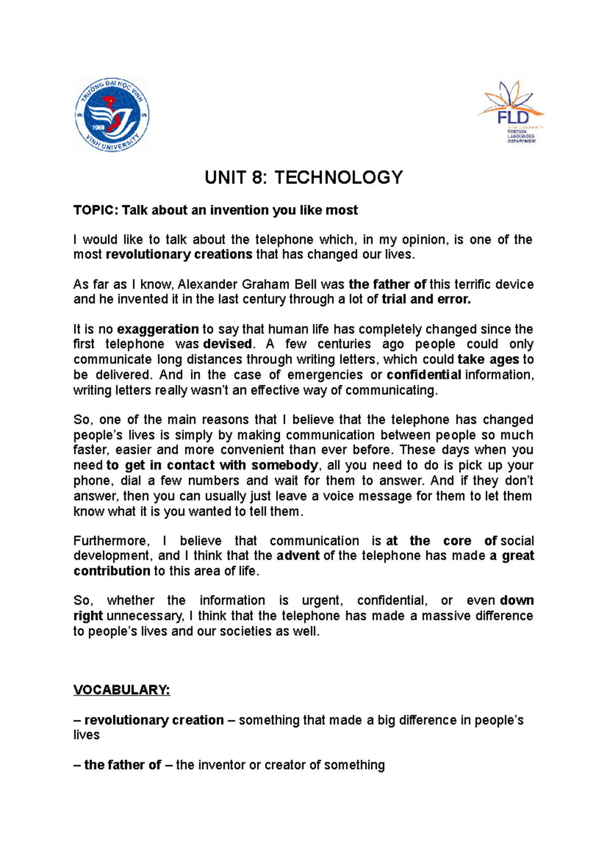 Worksheet UNIT 8 - knth - UNIT 8: TECHNOLOGY TOPIC: Talk about an ...