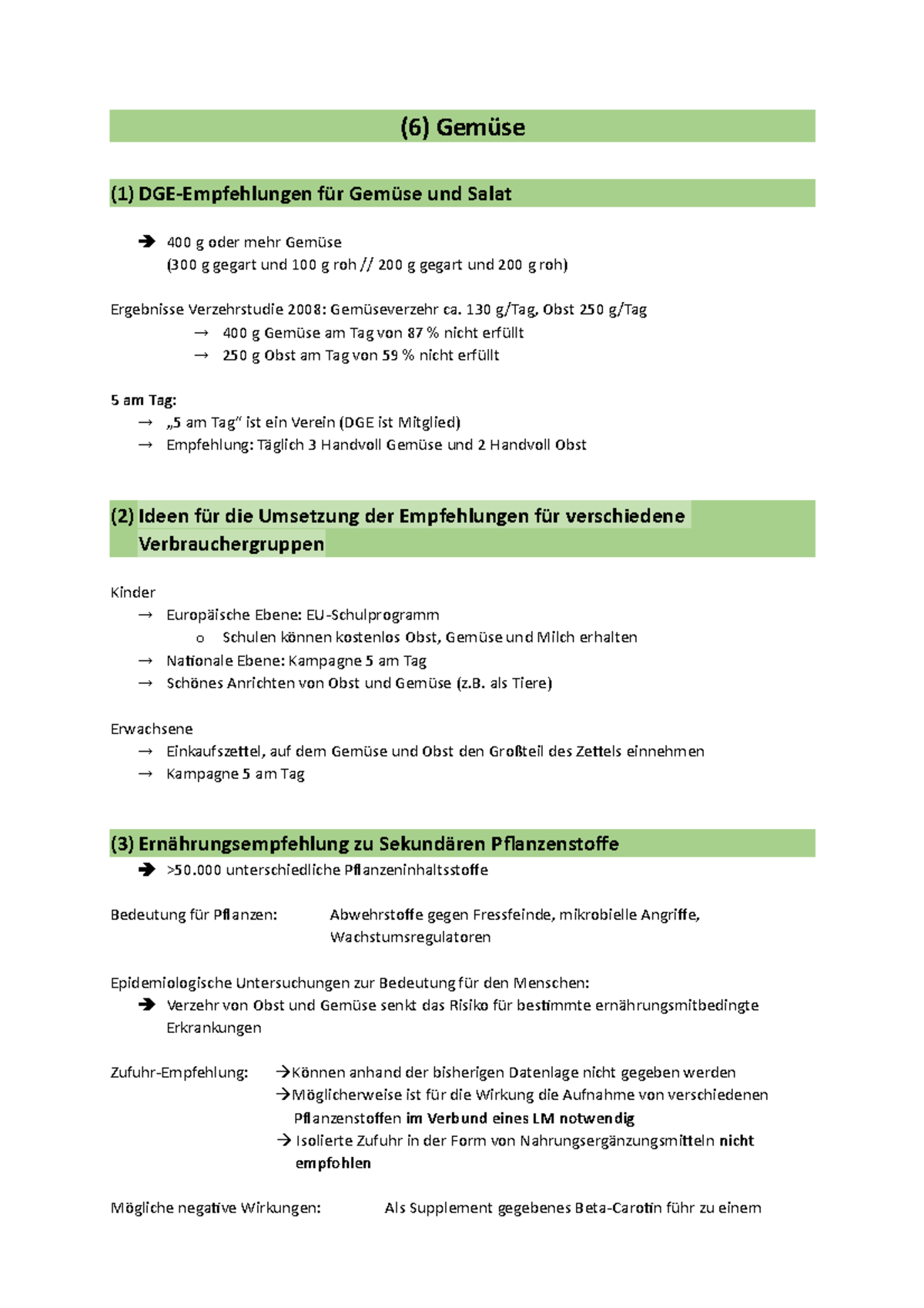 (6) Gemüse - (6) Gemüse (1) DGE-Empfehlungen für Gemüse und Salat 400 g ...
