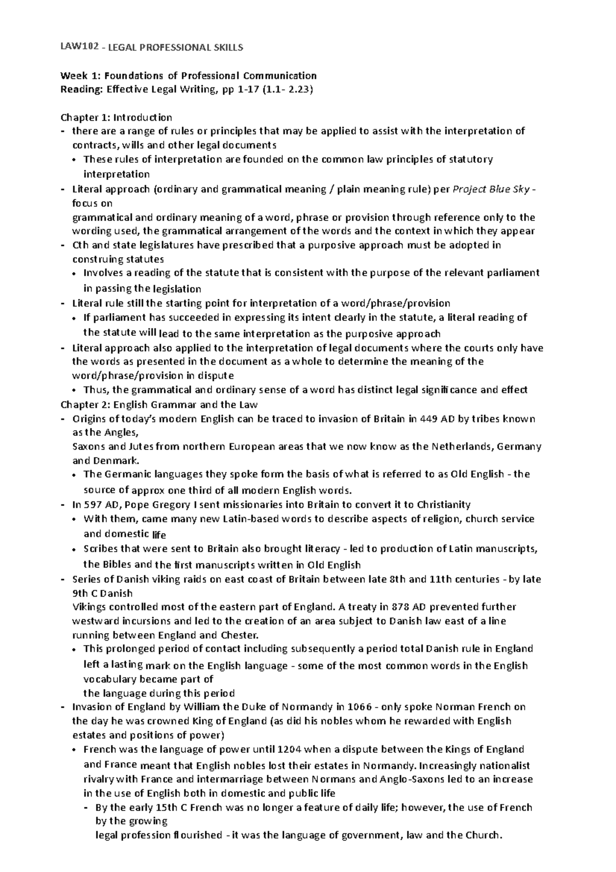 LAW102 - Summary Notes - LAW102 - LEGAL PROFESSIONAL SKILLS Week 1 ...