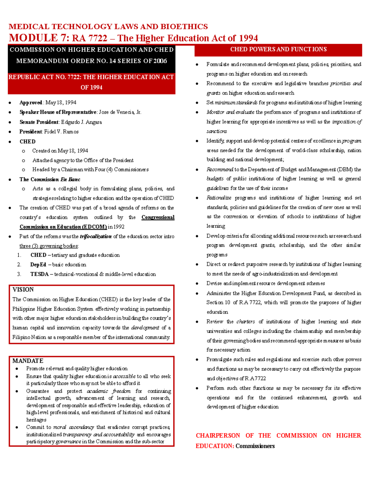 RA 7722 - MEDICAL TECHNOLOGY LAWS AND BIOETHICS MODULE 7 : RA 7722 ...