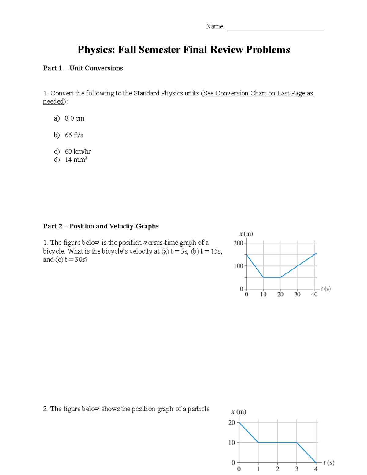9th Physics 1st Semester Final Problem Review - Name ...