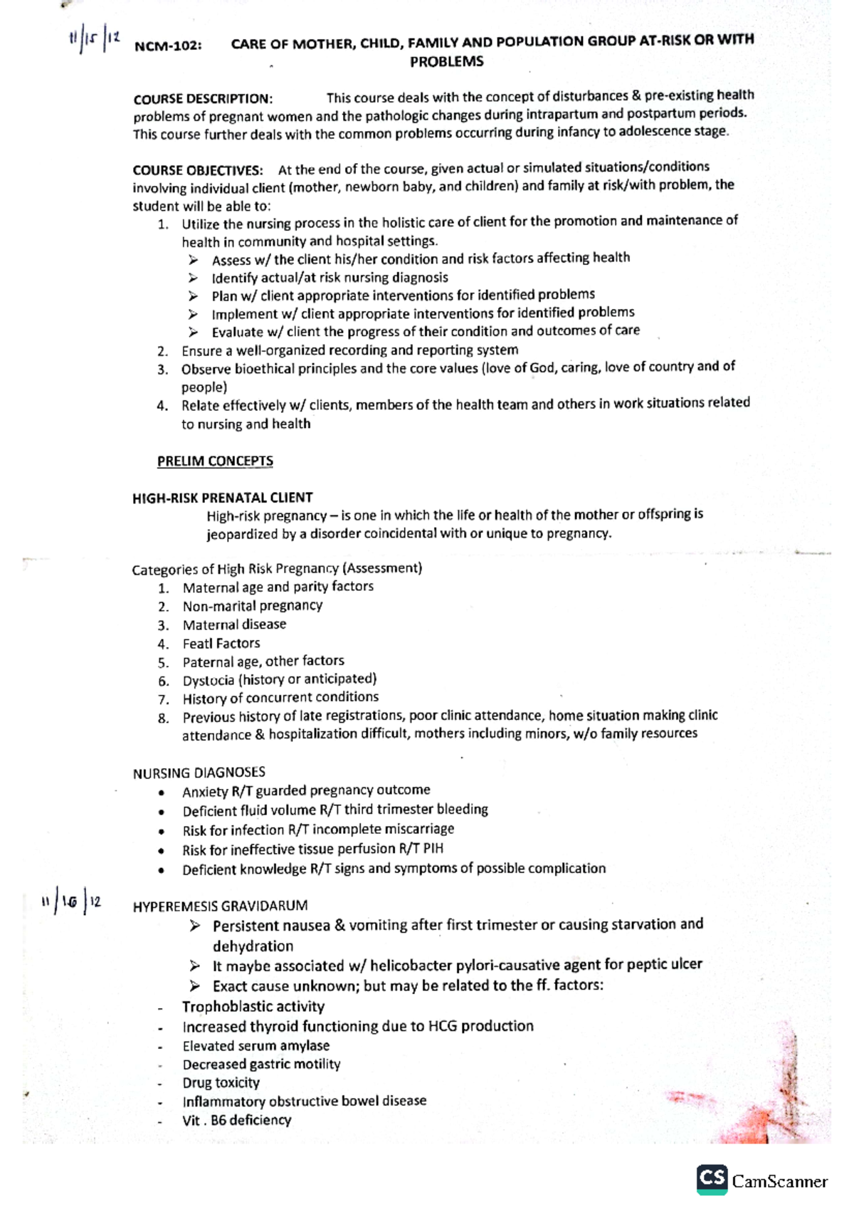 NUPC 109 Lecture Prelim Handout - Maternal and Child Health Nursing ...
