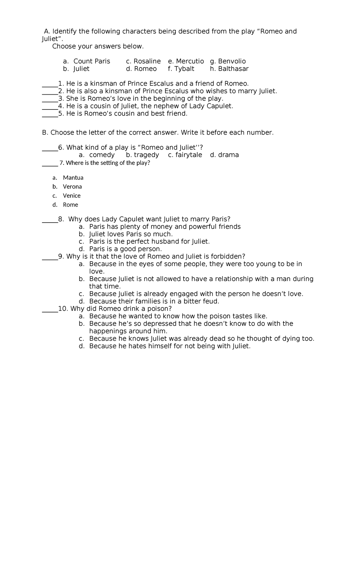 Romeo and juliet quiz - A. Identify the following characters being ...