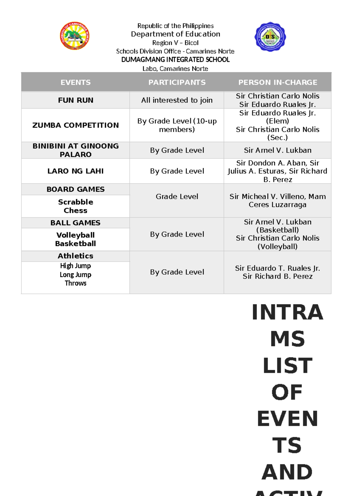 Instrams 24-25 - activity matrix of school sport fest - Republic of the ...