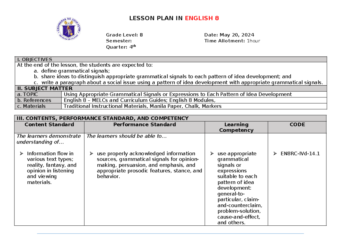 Lesson PLAN IN English 8 - LESSON PLAN IN ENGLISH 8 Grade Level: 8 Date ...