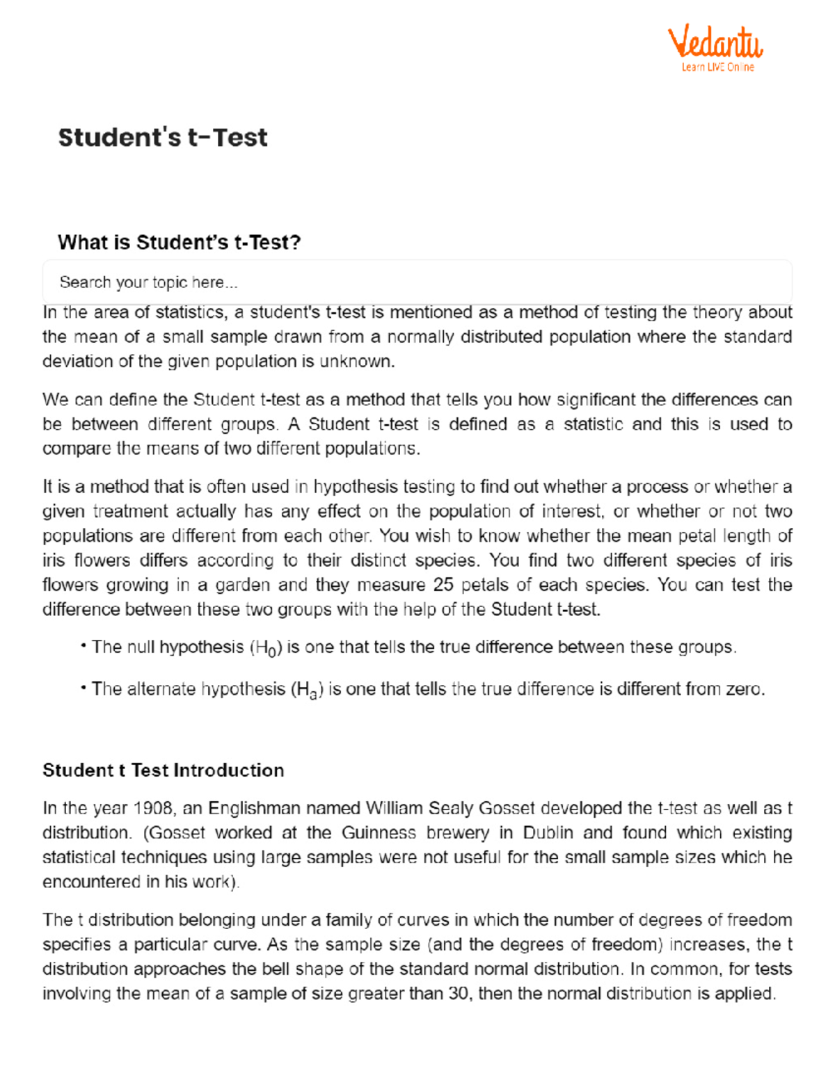 Student's t-Test - stats - student t test - Vedantu Learn LIVE Online ...