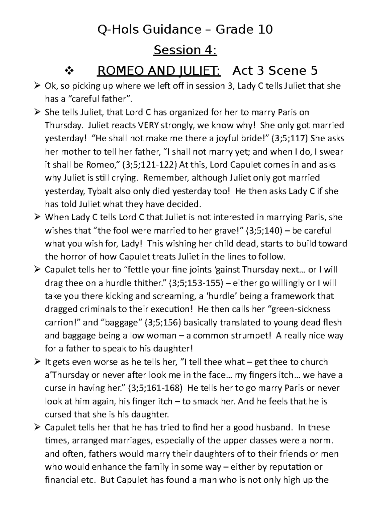 Grade 10 English Romeo Juliet Session 4 Act 4 scene 5 End - Q-Hols ...
