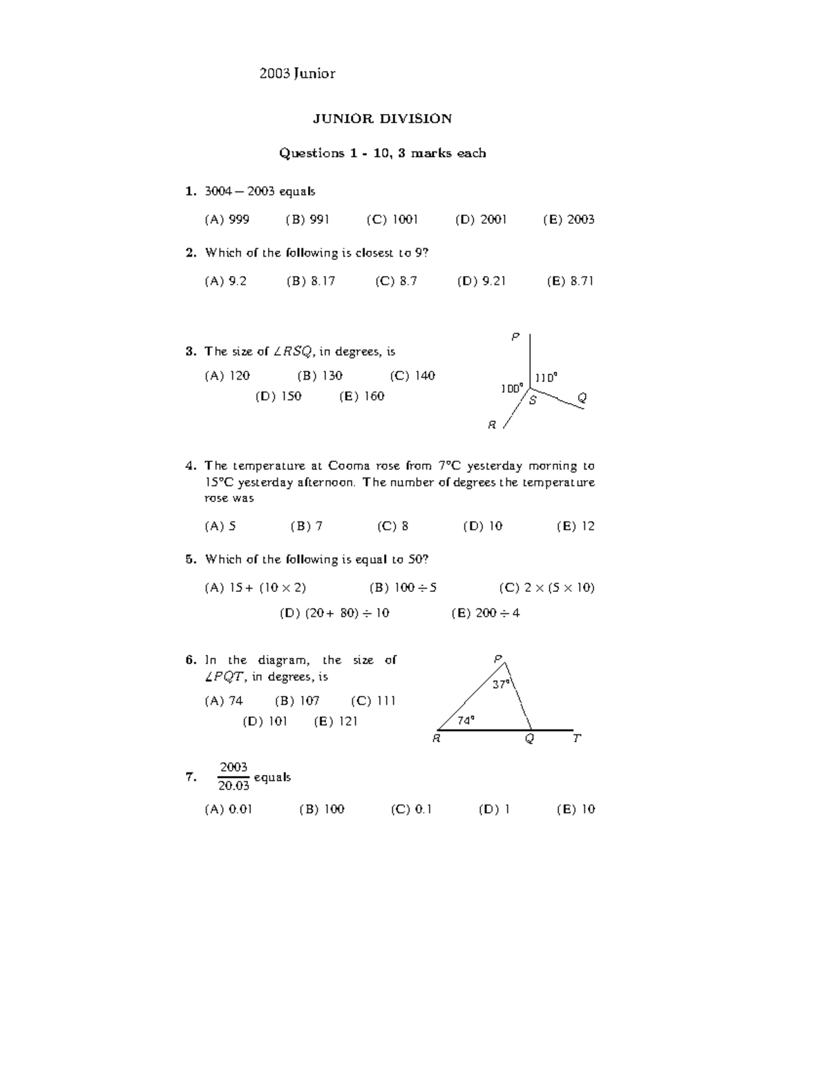 Australian Mathematics Competition 2003 Junior - JUNIOR DIVISION ...