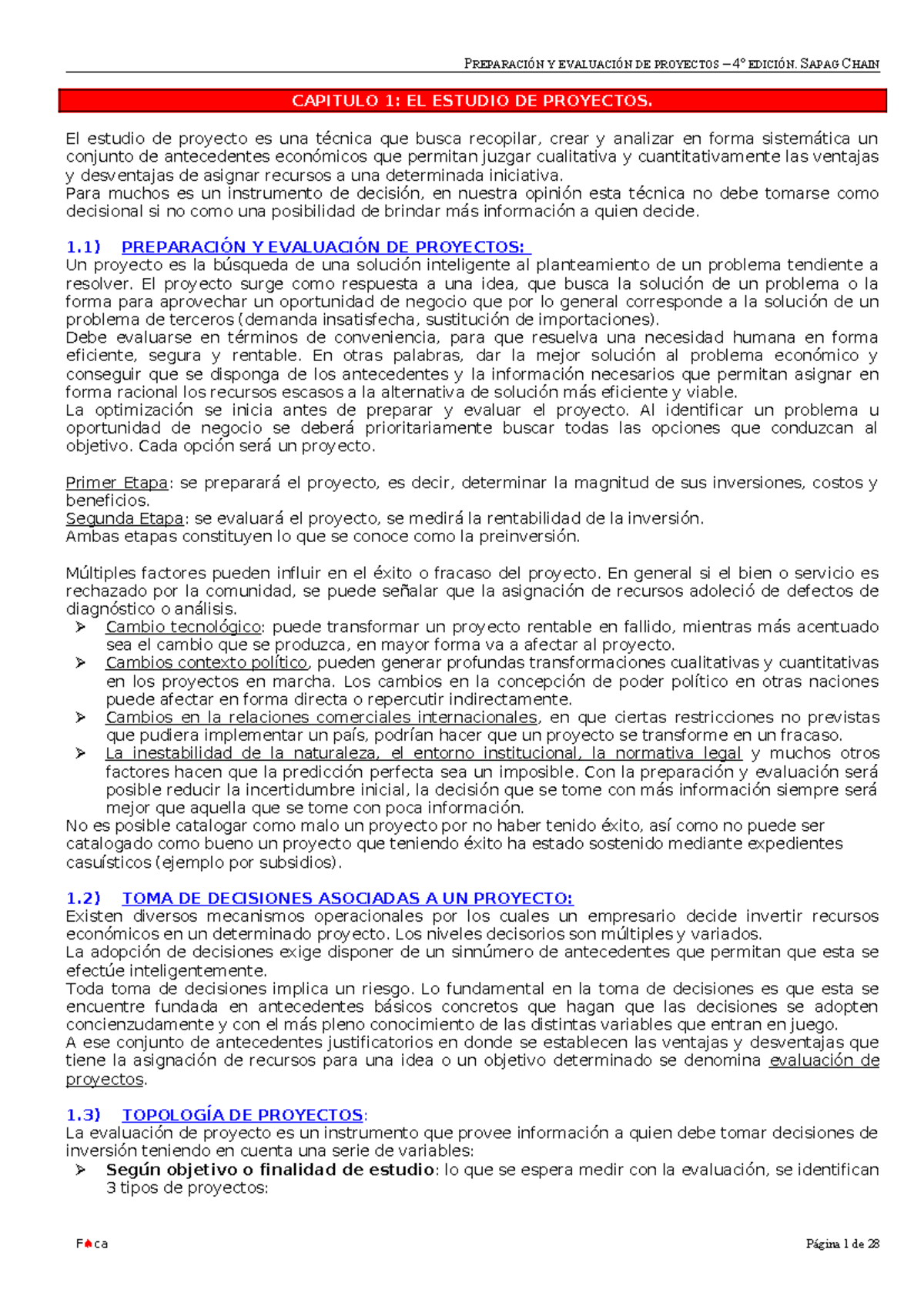 Resumen sapag chain 1ra parte - CAPITULO 1: EL ESTUDIO DE PROYECTOS. El ...