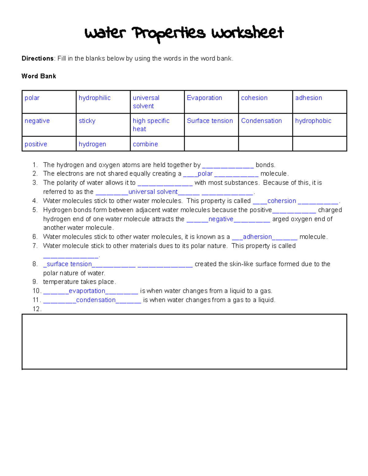 Copy of Water Properties Worksheet- student - Water Properties ...