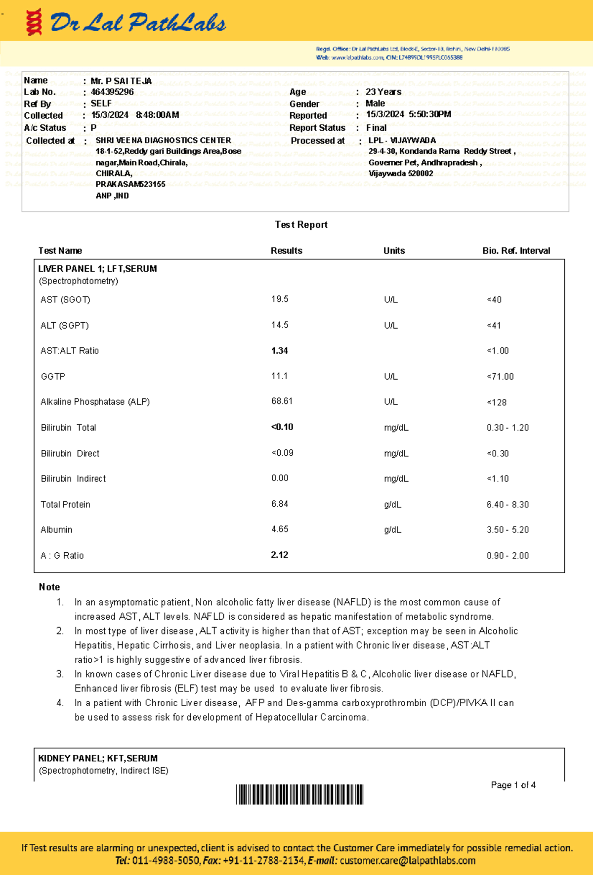 Mr.P.SAI TEJA Final Report LPL - Report Status Male : 23 Years : : : Age Gender Reported P 15/3 ...