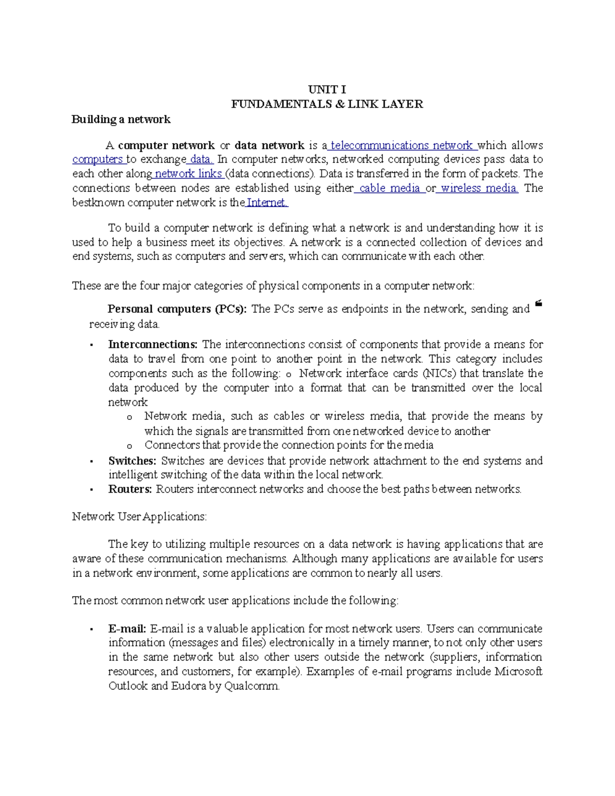 Computer Network UNIT1 - UNIT I FUNDAMENTALS & LINK LAYER Building a ...