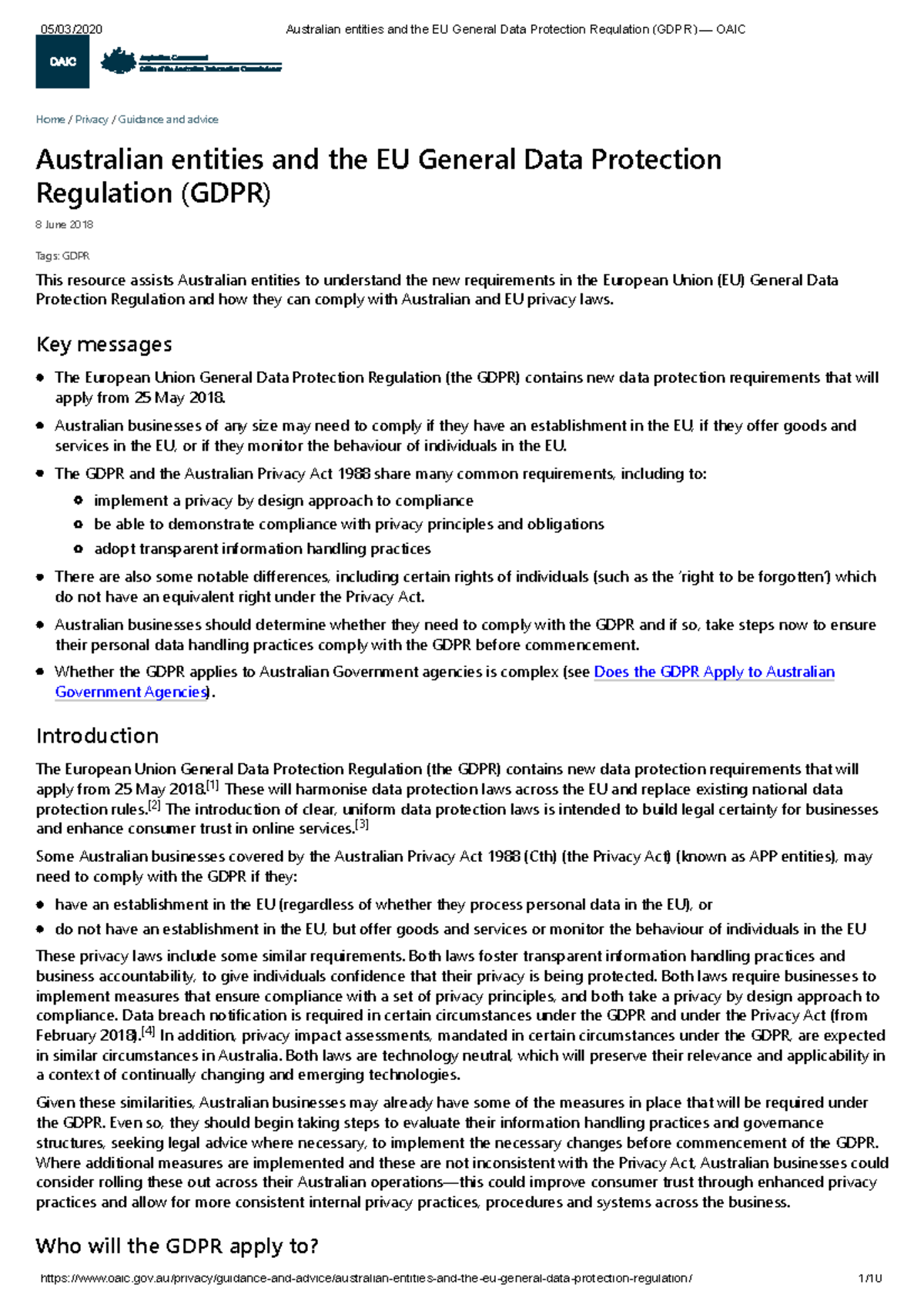 Australian entities and the EU General Data Protection Regulation (GDPR ...