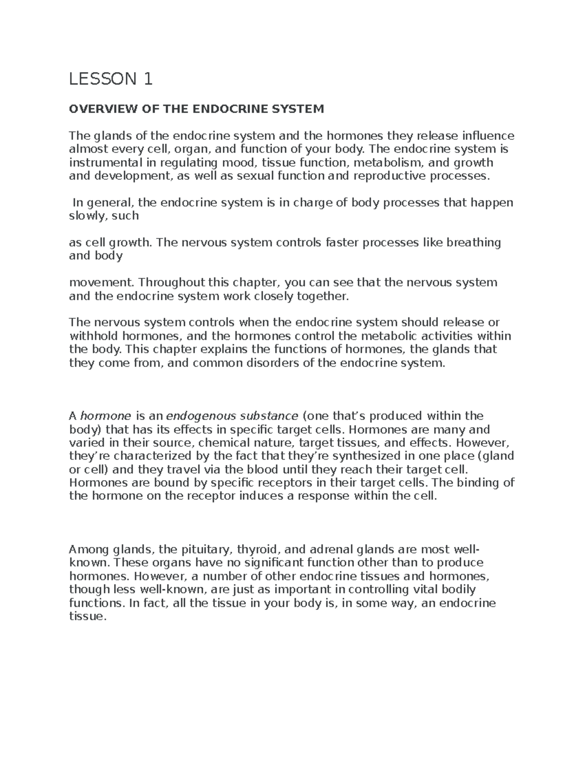 Lesson 1 anaphy - anatomy - LESSON 1 OVERVIEW OF THE ENDOCRINE SYSTEM ...