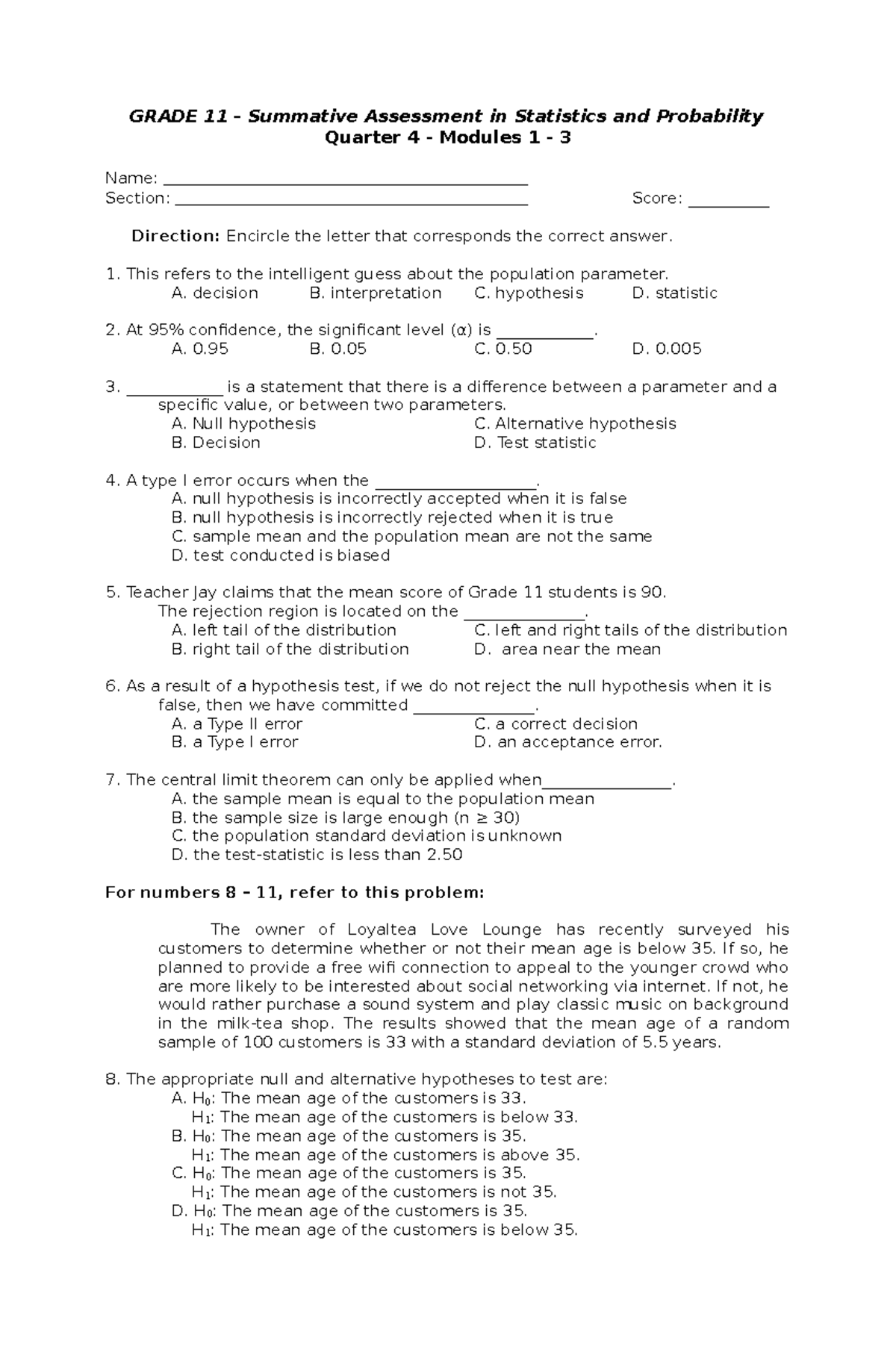 Statistics and Prob 11 Summative Test 1,2 and 3 Q4 - GRADE 11 ...
