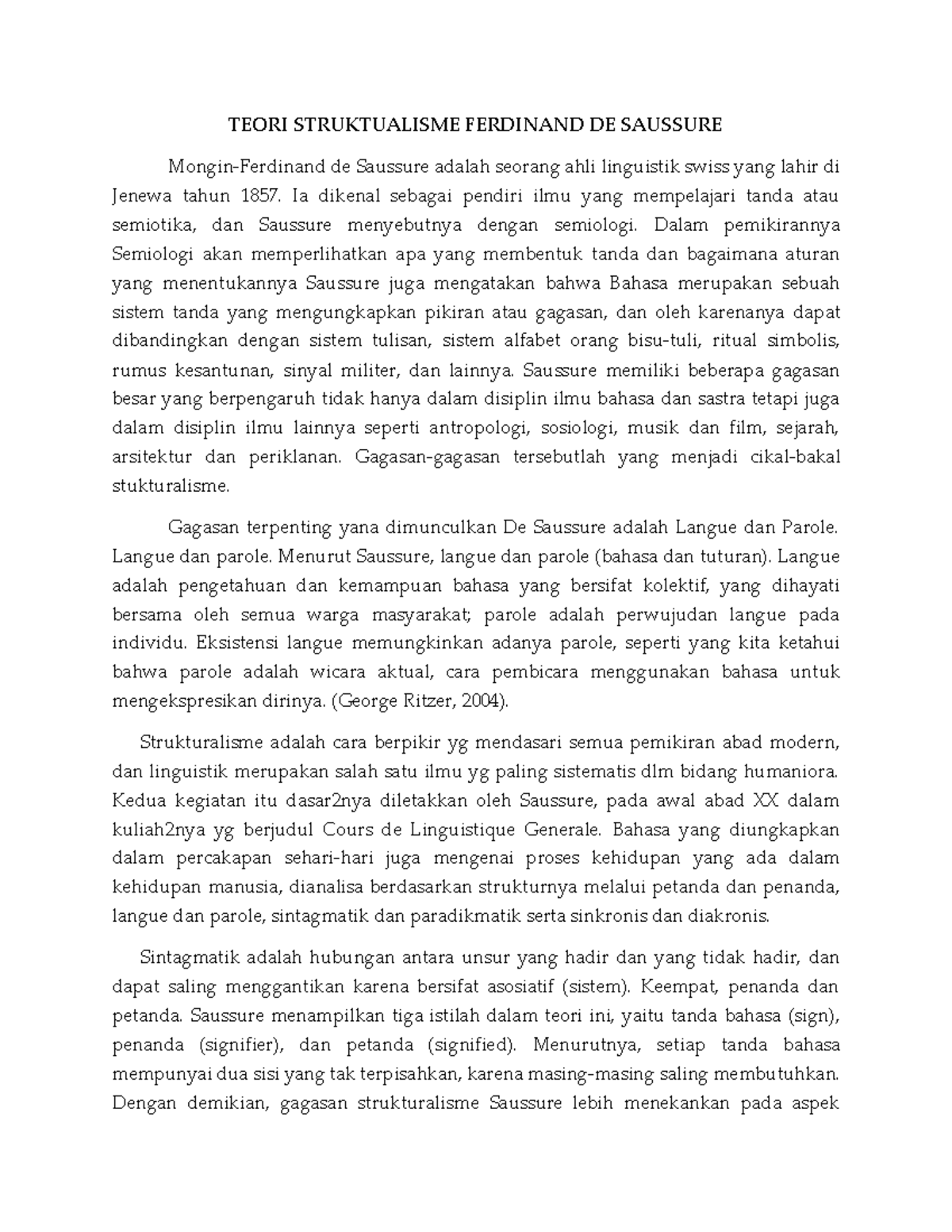 Strukturalisme ferdinand de saussure - TEORI STRUKTUALISME FERDINAND DE ...