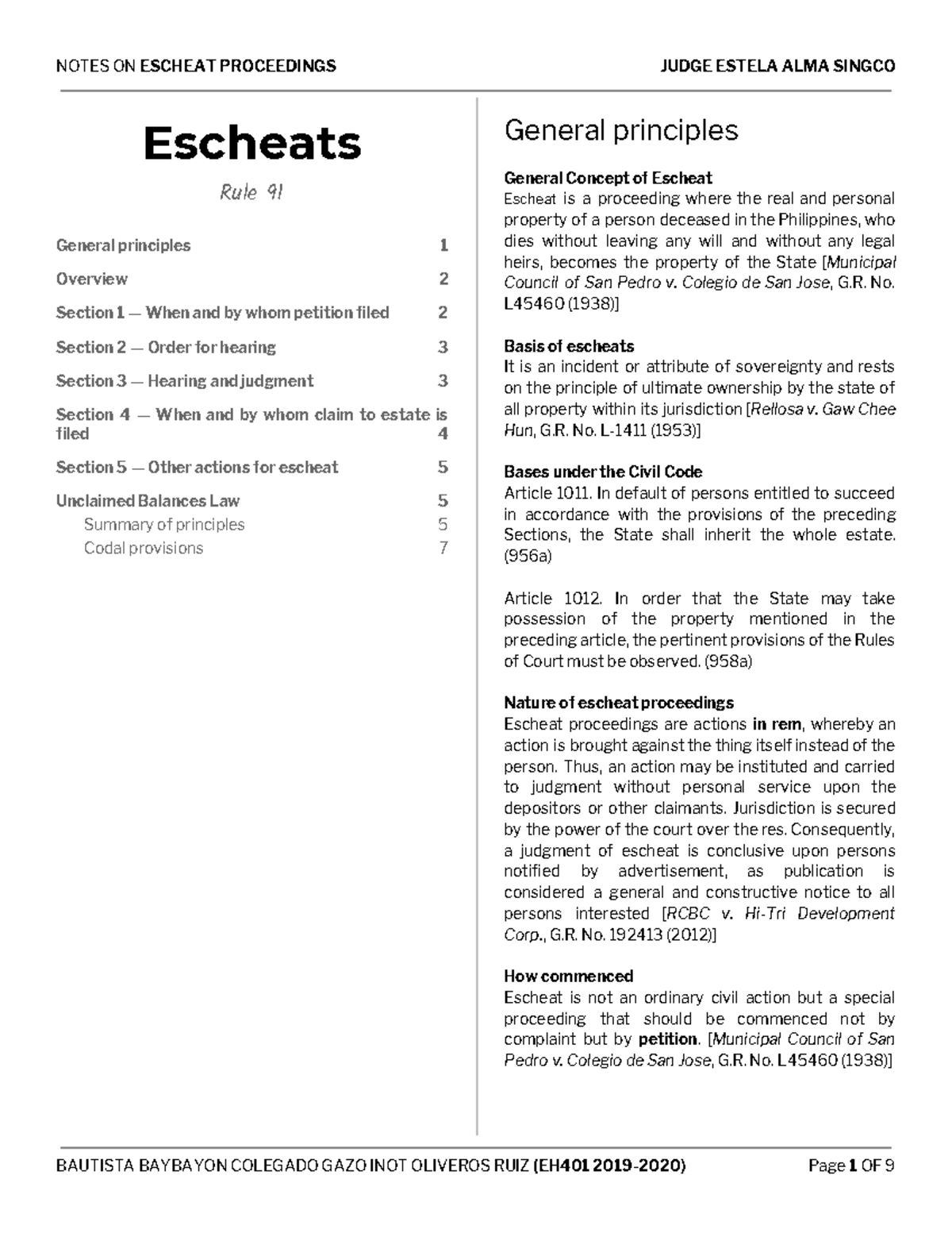 Notes-on-escheats compress - Escheats Rule 91 General principles 1 ...