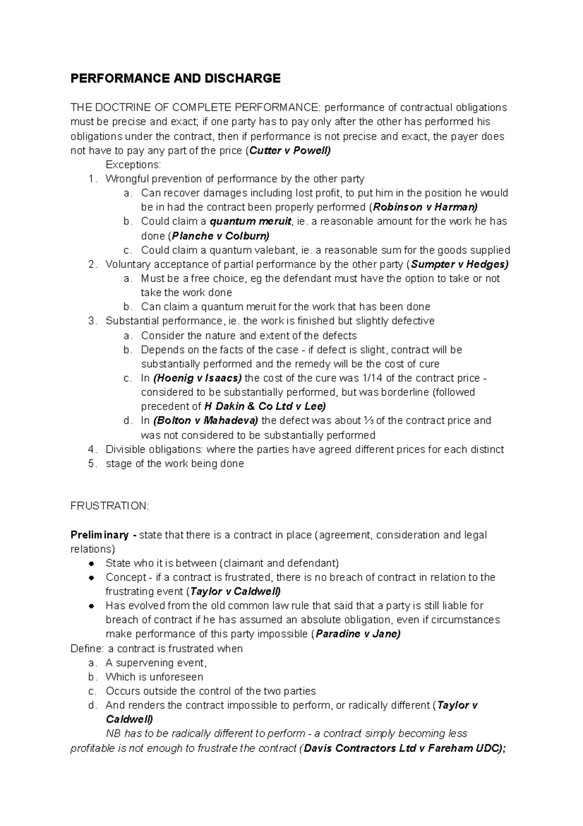 Performance and Discharge OF A Contract - Frustration - PERFORMANCE AND ...