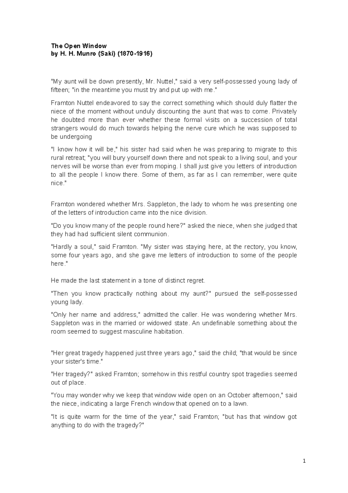 The Open Window Simple Storybook For You - The Open Window by H. H ...