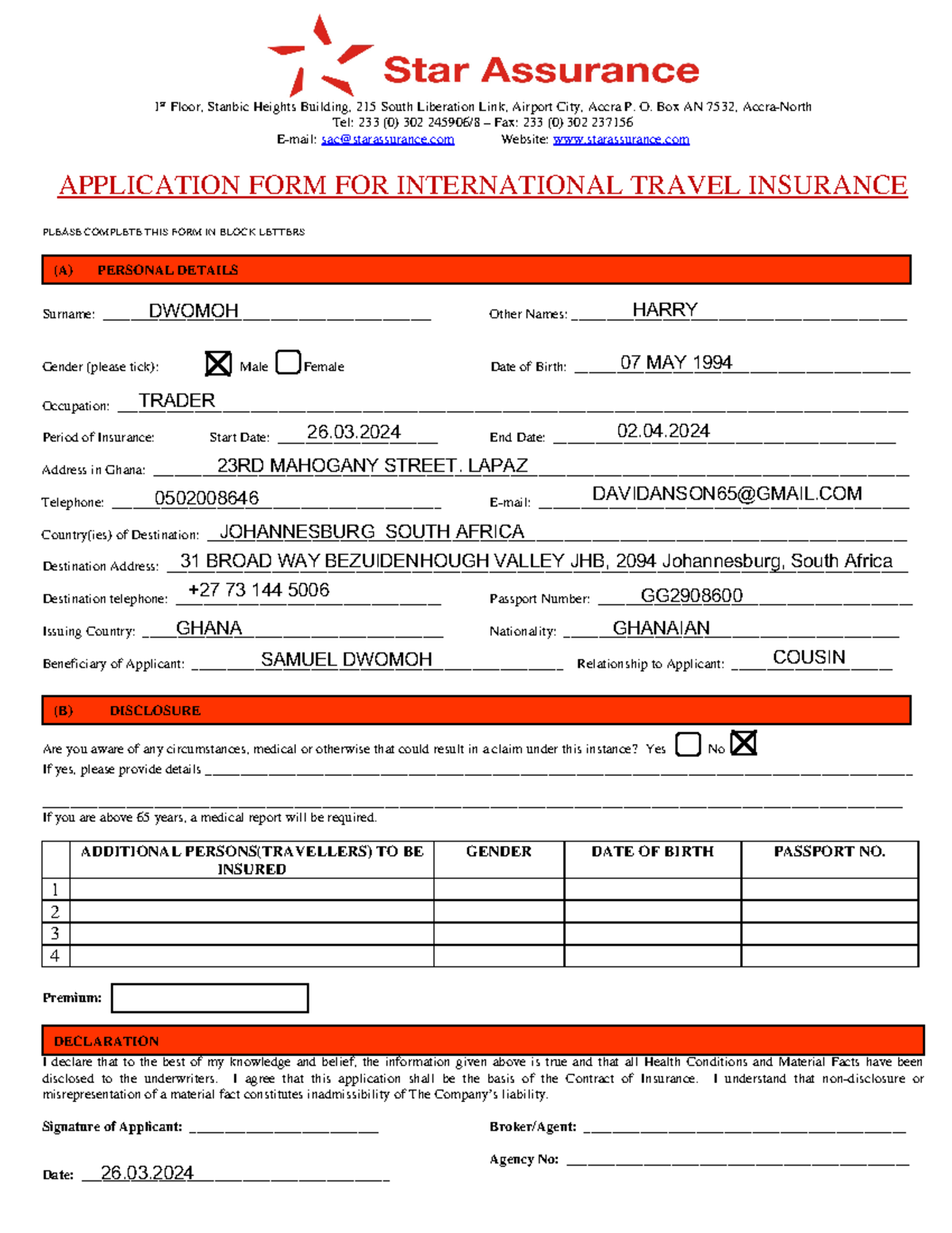 Travel Insurance Proposal FORM-1 - 1 st Floor, Stanbic Heights Building ...