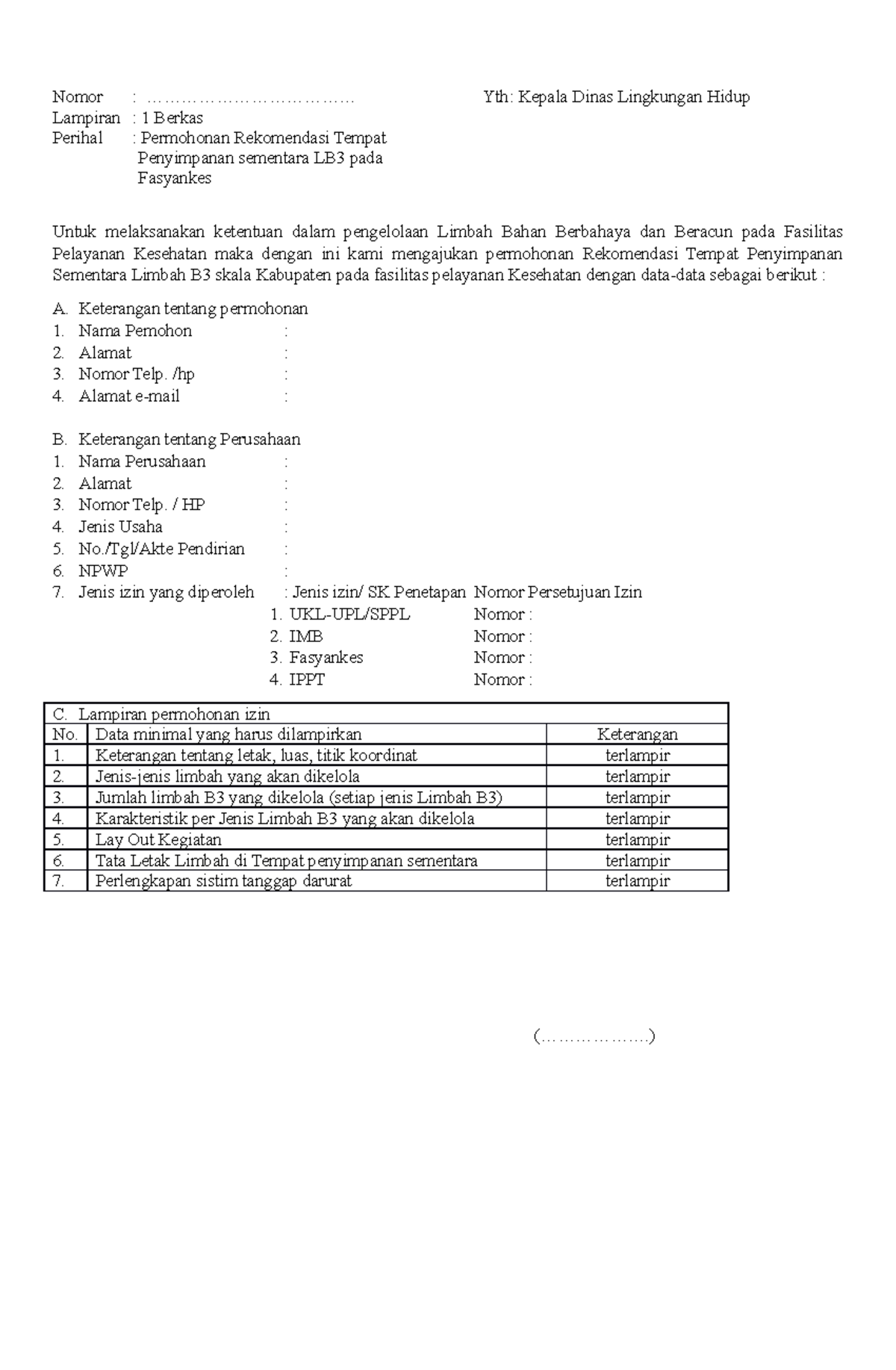 FORM B3 Klinik - Nomor : .................................... Yth ...